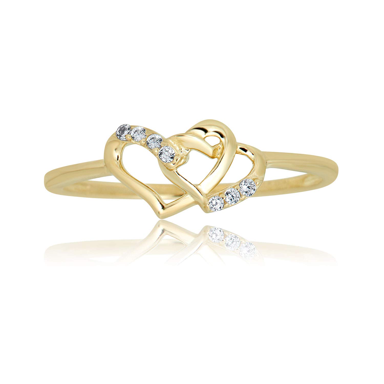 AVORA 10K Yellow Gold Double Heart Ring with Simulated Diamond CZ, Size 6 - Size 6