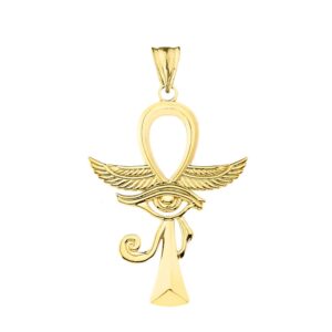 10k yellow gold egyptian ankh cross with eye of horus hieroglyphic key of life charm pendant