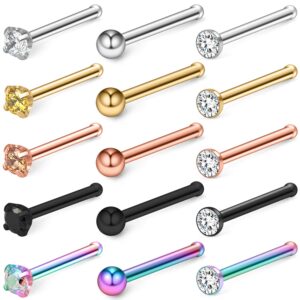 lcolyoli nose rings 15pcs bone 18g nose stud surgical steel piercing jewelry ball clear round diamond cz 2mm for women men silver-tone rose gold black nostril studs round ball