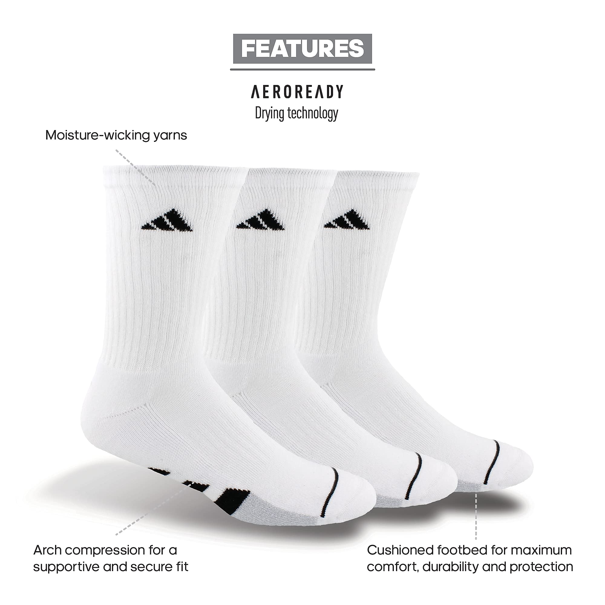 adidas Men's Cushioned Crew Socks (3-Pair), White/Black/Clear Onix Grey, Large