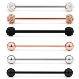 lcolyoli short industrial barbell 16g stainless steel helix cartilage earring externally threaded crystal ball body piercing jewelry for women men 1 1/8 inch(28mm) rose gold black silver 6 pieces