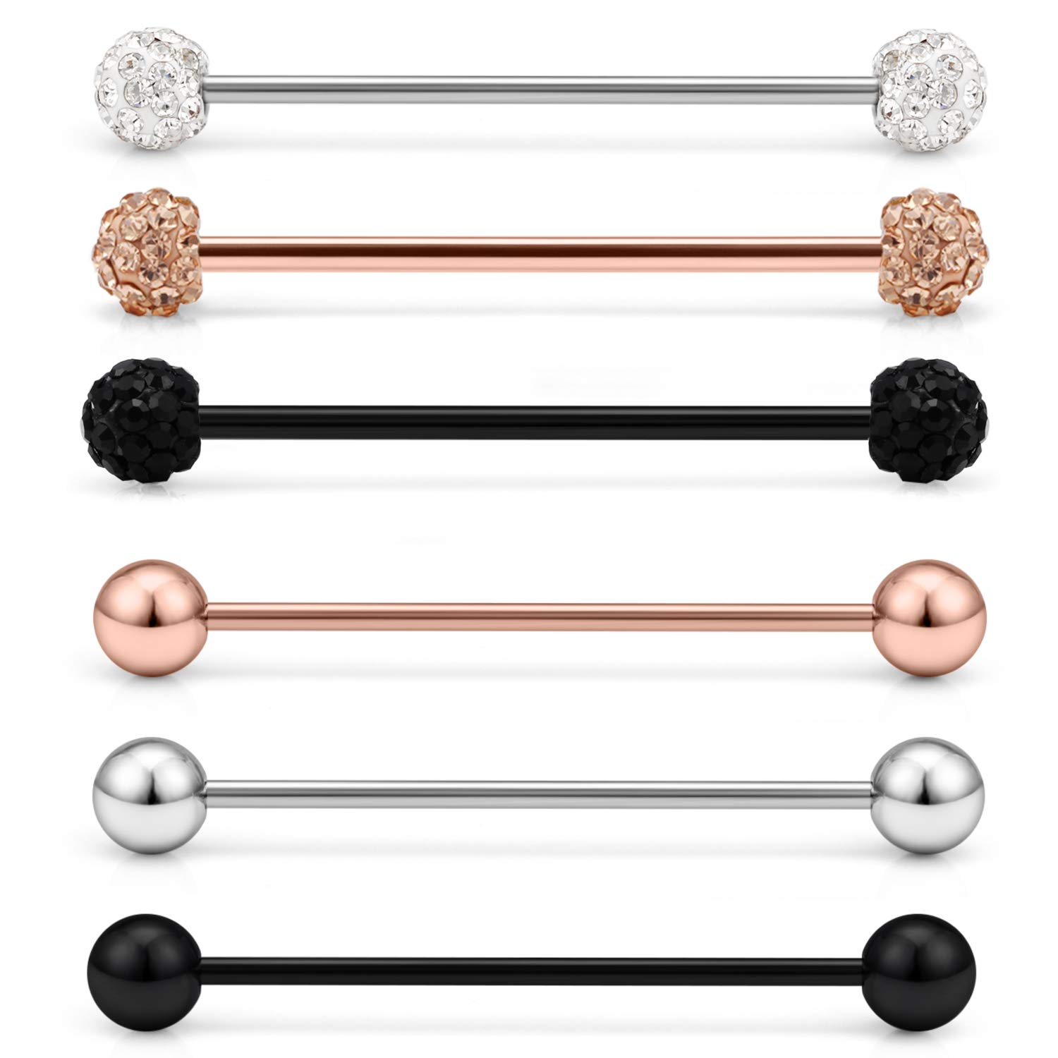 Lcolyoli Short Industrial Barbell 16G Stainless Steel Helix Cartilage Earring Externally Threaded Crystal Ball Body Piercing Jewelry for Women Men 1 1/8 Inch(28mm) Rose Gold Black Silver 6 Pieces