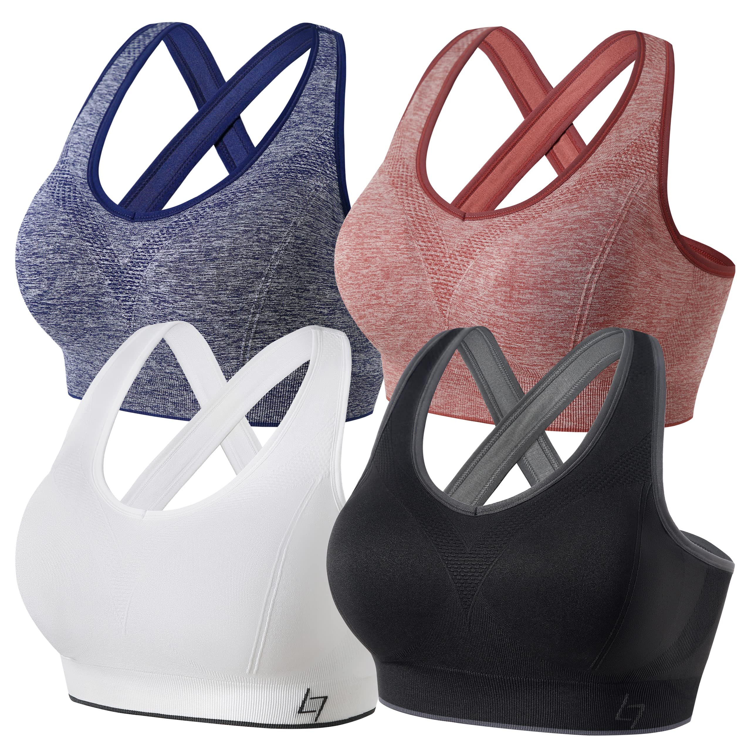 FITTIN Sports Bras for Women Padded: Seamless Cross Back Bras 4 Pack for Workout Yoga