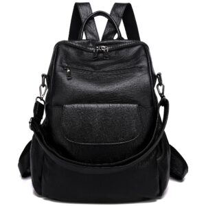 asdssry women's fashion washed pu leather designer backpack best waterproof travel shopping rucksacks tote (black pu【increase】)