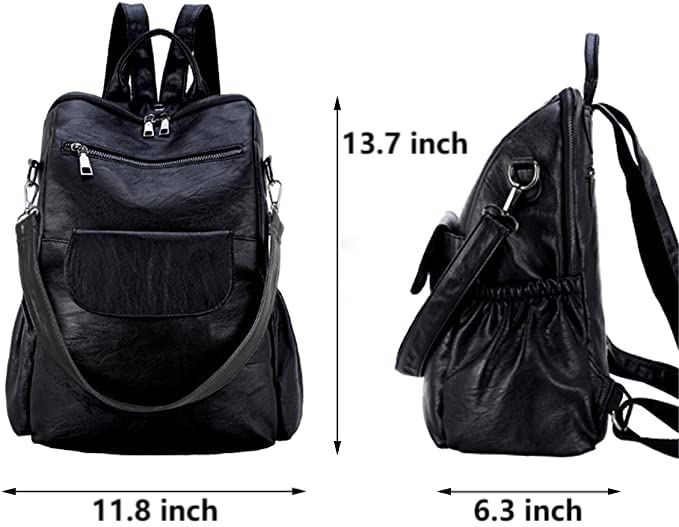 ASDSSRY Women's fashion washed pu leather designer backpack best waterproof travel shopping rucksacks tote (Black PU【Increase】)