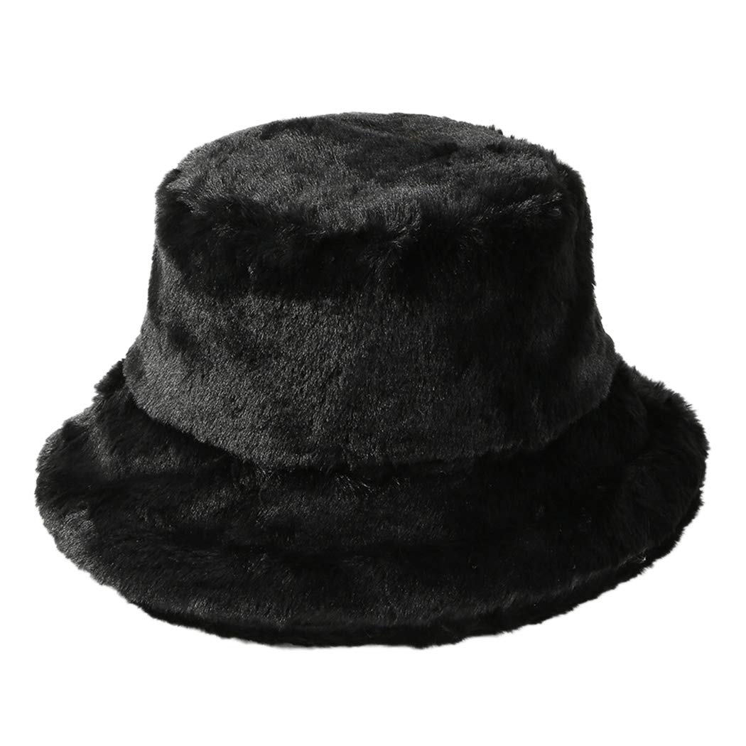 Tngan Winter Bucket Hat Women Men Warm Hats Vintage Faux Fur Fisherman Cap (One Size, Black)