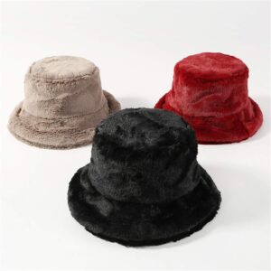 Tngan Winter Bucket Hat Women Men Warm Hats Vintage Faux Fur Fisherman Cap (One Size, Black)