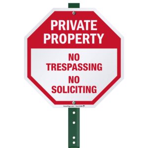 smartsign 'private property - no trespassing no soliciting' yard sign (3 ft stake, 10 x 10 in, red and white) 40 mil laminated rustproof aluminum, set of 1, made in usa