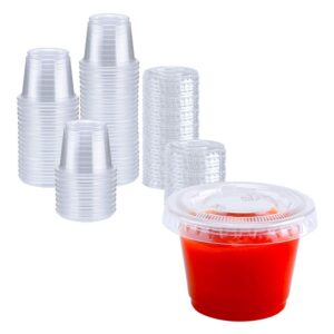 tashibox [200 sets - 1 oz.] jello shot cups with lids, plastic disposable portion cups with lids, small souffle cups, 1 ounces condiment cups, stackable dipping sauce cups, for party, meal prep