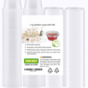 TashiBox [200 Sets - 1 oz.] Jello Shot Cups with lids, plastic disposable portion cups with lids, Small Souffle Cups, 1 Ounces Condiment Cups, Stackable Dipping Sauce Cups, for Party, Meal Prep