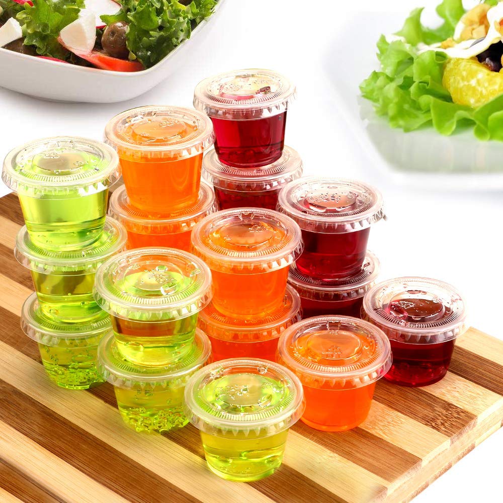 TashiBox [200 Sets - 1 oz.] Jello Shot Cups with lids, plastic disposable portion cups with lids, Small Souffle Cups, 1 Ounces Condiment Cups, Stackable Dipping Sauce Cups, for Party, Meal Prep