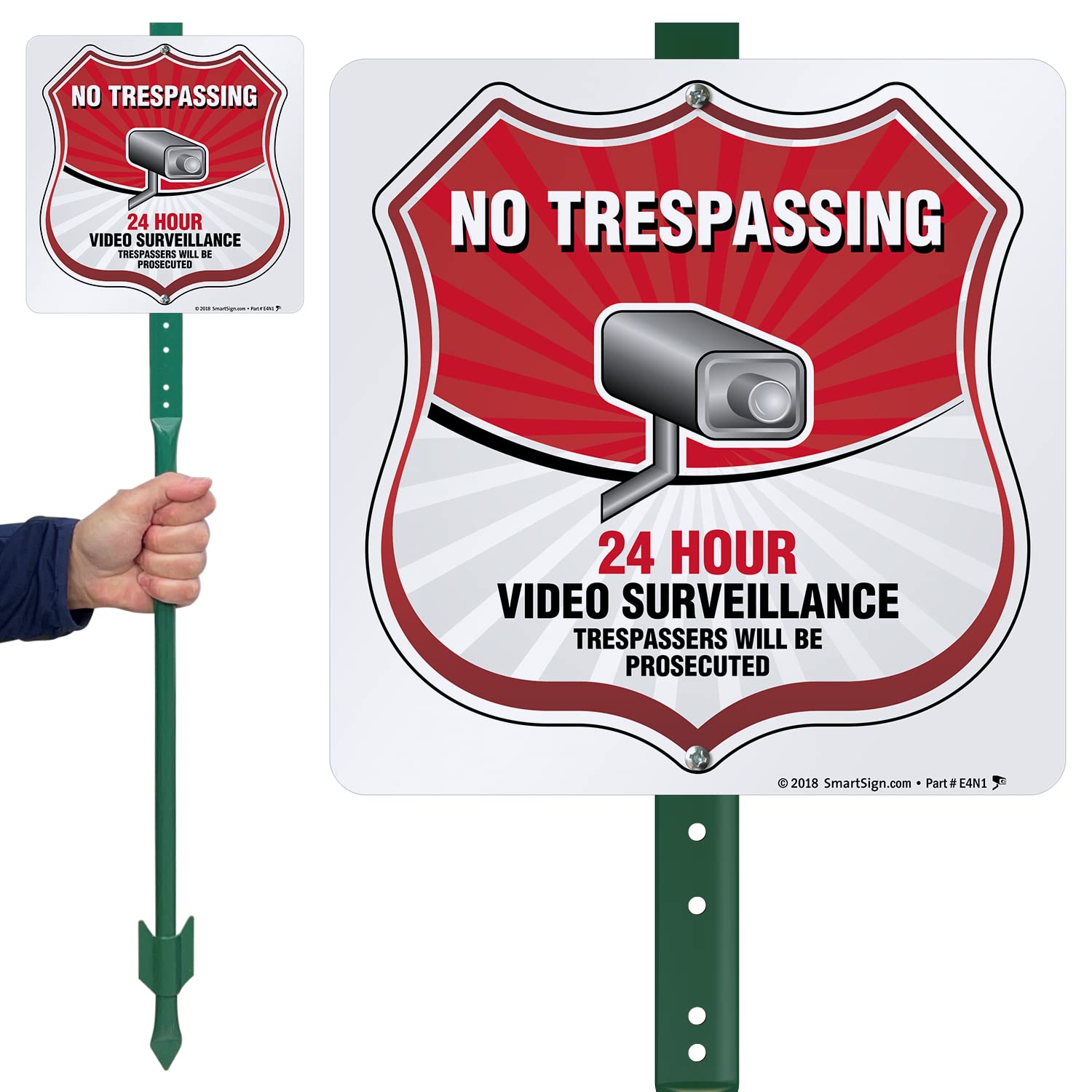 SmartSign 10 x 10 inch “No Trespassing - 24 Hour Video Surveillance, Trespassers Will Be Prosecuted” Yard Sign with 3 foot Stake, 40 mil Laminated Rustproof Aluminum, Multicolor, Set of 1, USA-Made