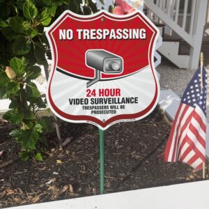 SmartSign 10 x 10 inch “No Trespassing - 24 Hour Video Surveillance, Trespassers Will Be Prosecuted” Yard Sign with 3 foot Stake, 40 mil Laminated Rustproof Aluminum, Multicolor, Set of 1, USA-Made