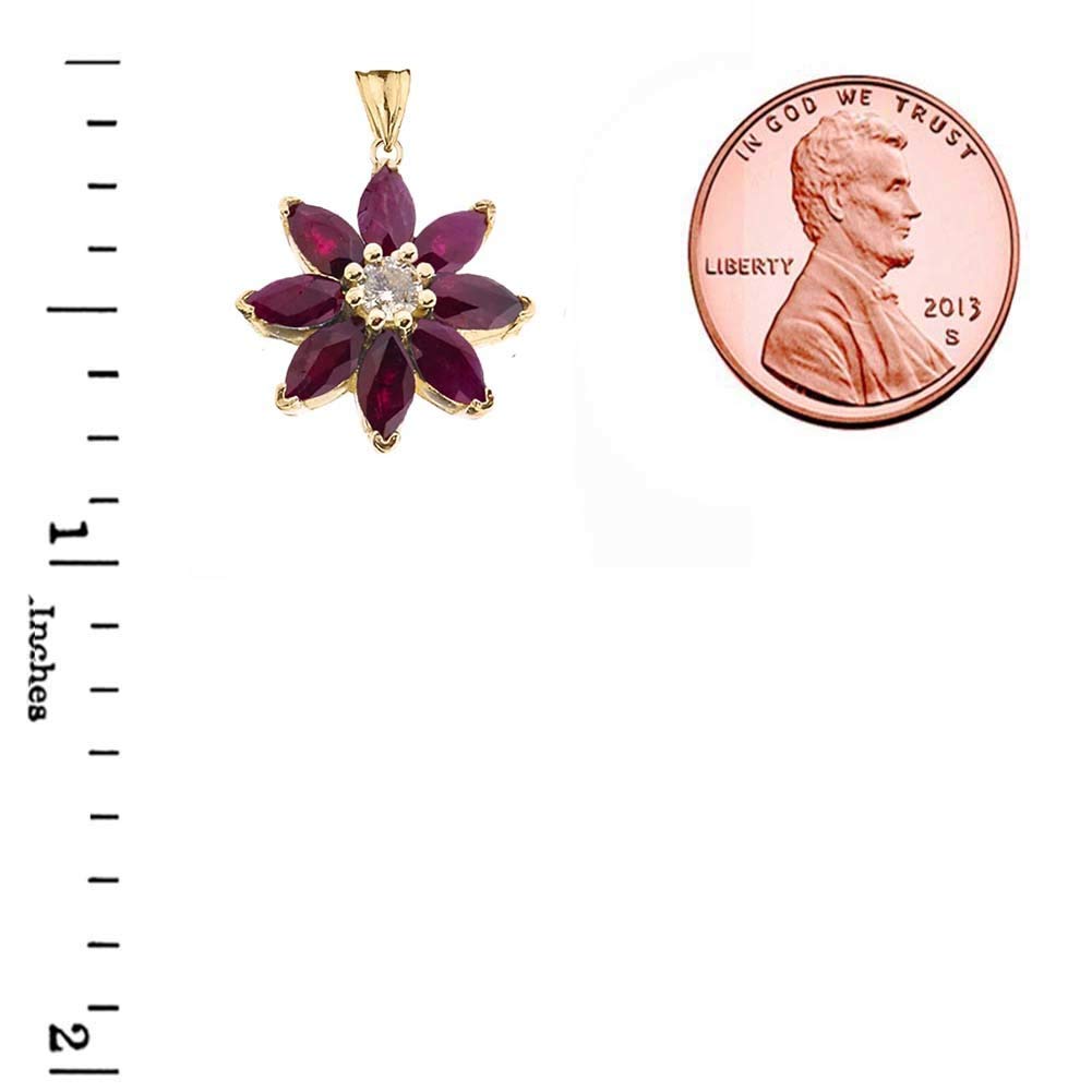 Exotic 10k Yellow Gold Daisy Diamond and Ruby Flower Pendant