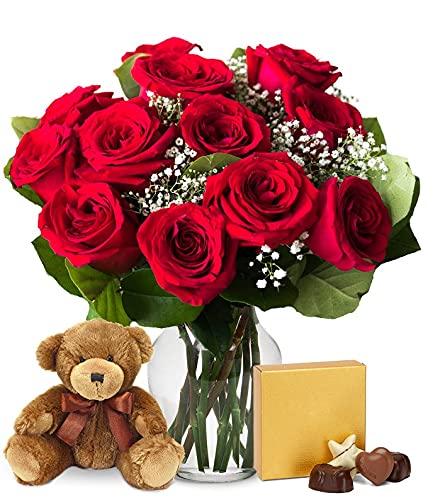 From You Flowers - One Dozen Red Roses & Chocolate & Teddy Bear with Glass Vase (Fresh Flowers) Birthday, Anniversary, Get Well, Sympathy, Congratulations, Thank You