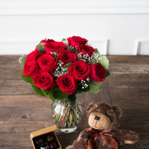 From You Flowers - One Dozen Red Roses & Chocolate & Teddy Bear with Glass Vase (Fresh Flowers) Birthday, Anniversary, Get Well, Sympathy, Congratulations, Thank You