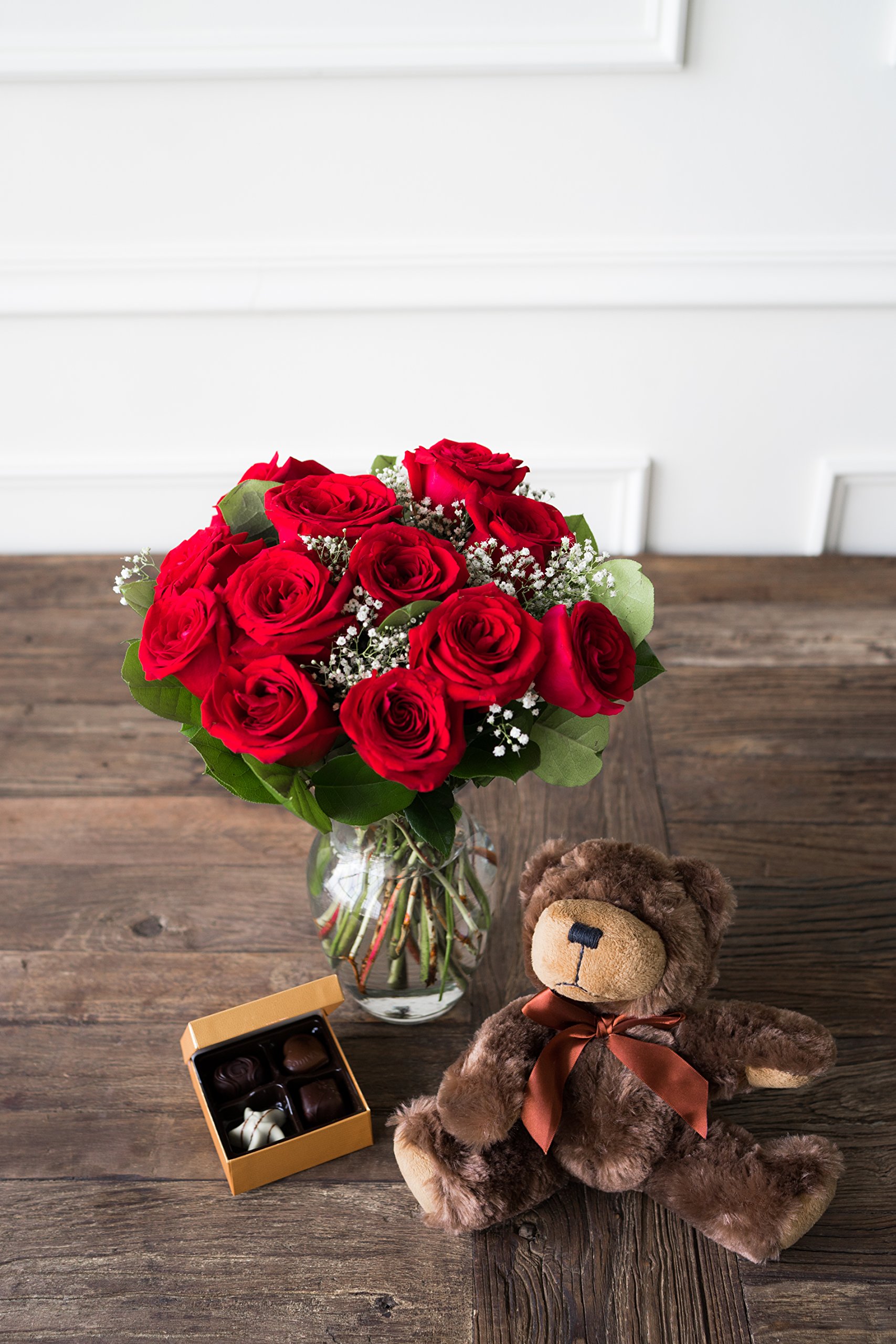 From You Flowers - One Dozen Red Roses & Chocolate & Teddy Bear with Glass Vase (Fresh Flowers) Birthday, Anniversary, Get Well, Sympathy, Congratulations, Thank You