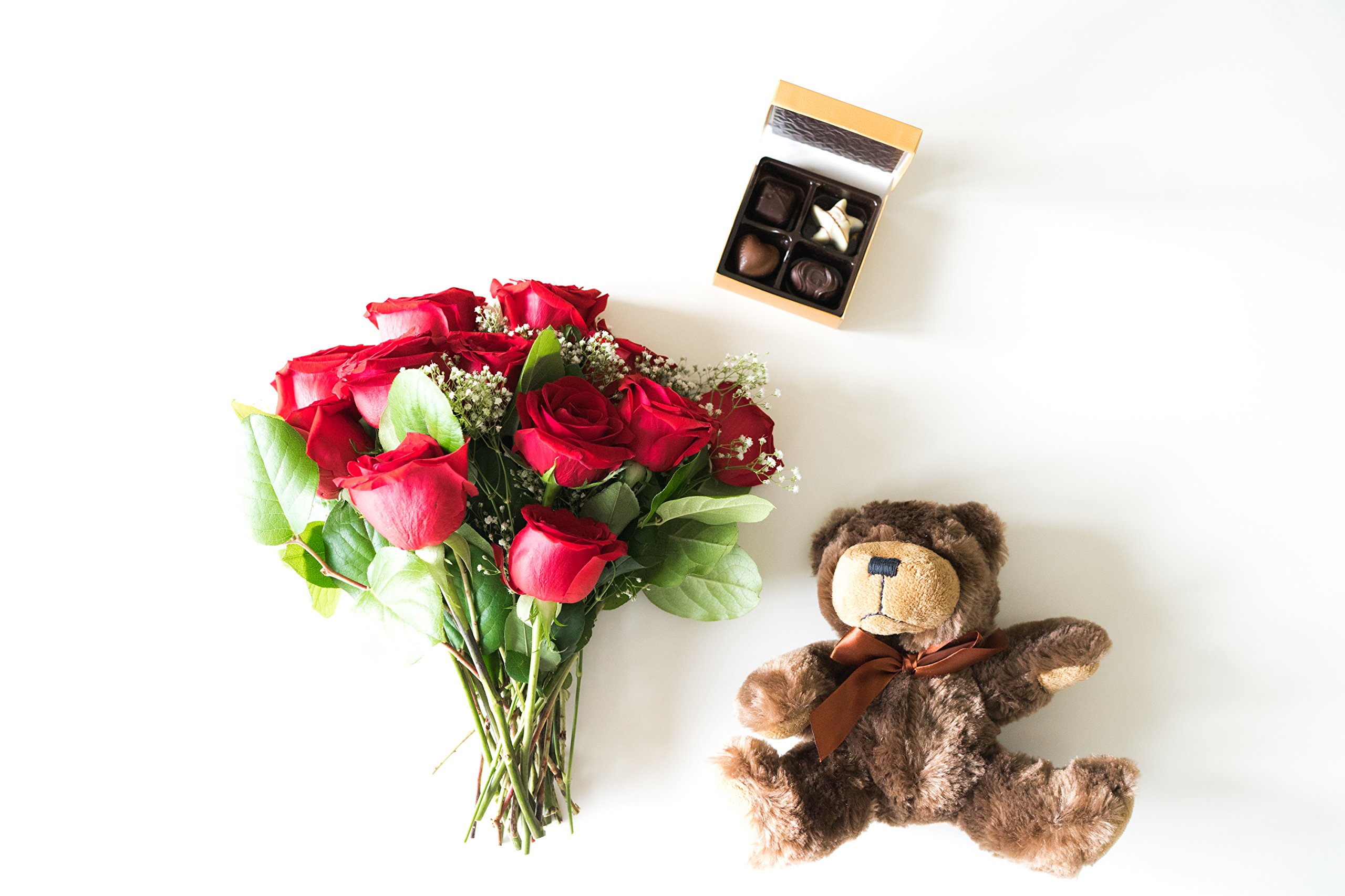 From You Flowers - One Dozen Red Roses & Chocolate & Teddy Bear with Glass Vase (Fresh Flowers) Birthday, Anniversary, Get Well, Sympathy, Congratulations, Thank You