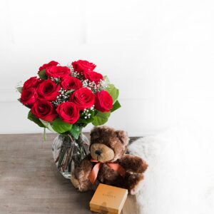 From You Flowers - One Dozen Red Roses & Chocolate & Teddy Bear with Glass Vase (Fresh Flowers) Birthday, Anniversary, Get Well, Sympathy, Congratulations, Thank You