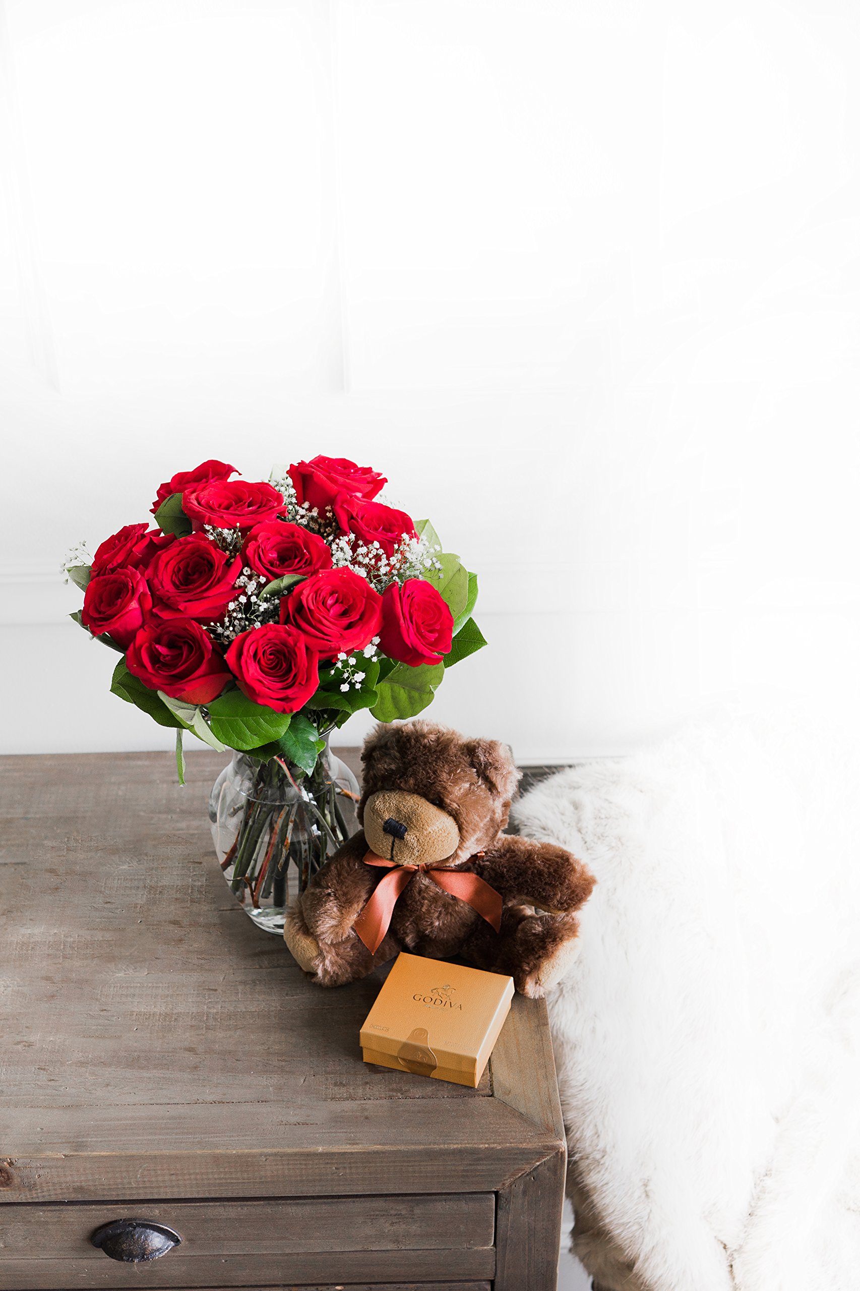 From You Flowers - One Dozen Red Roses & Chocolate & Teddy Bear with Glass Vase (Fresh Flowers) Birthday, Anniversary, Get Well, Sympathy, Congratulations, Thank You