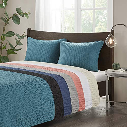 Madison Park Keaton Quilt Set-Casual Channel Stitching Design All Season, Lightweight Coverlet Bedspread Bedding, Shams, King/Cal King(104"x94"), Stripe Black