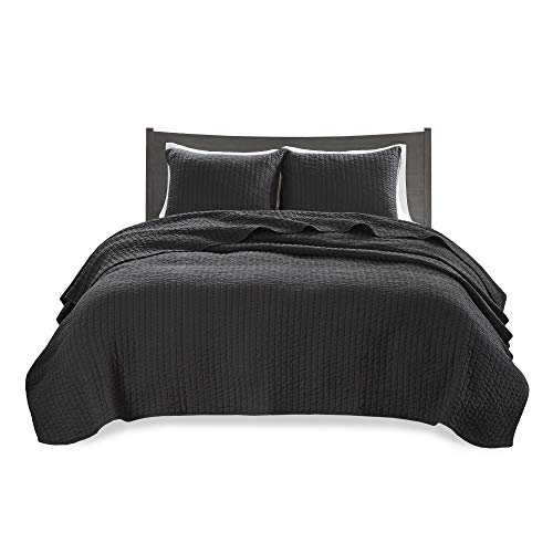 Madison Park Keaton Quilt Set-Casual Channel Stitching Design All Season, Lightweight Coverlet Bedspread Bedding, Shams, King/Cal King(104"x94"), Stripe Black