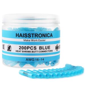 haisstronica 200pcs 16-14 awg blue heat shrink butt connectors-tinned red copper 0.8mm-marine grade insulated crimp wire connectors-waterproof electrical connectors-butt splice for marine,boat,stereo