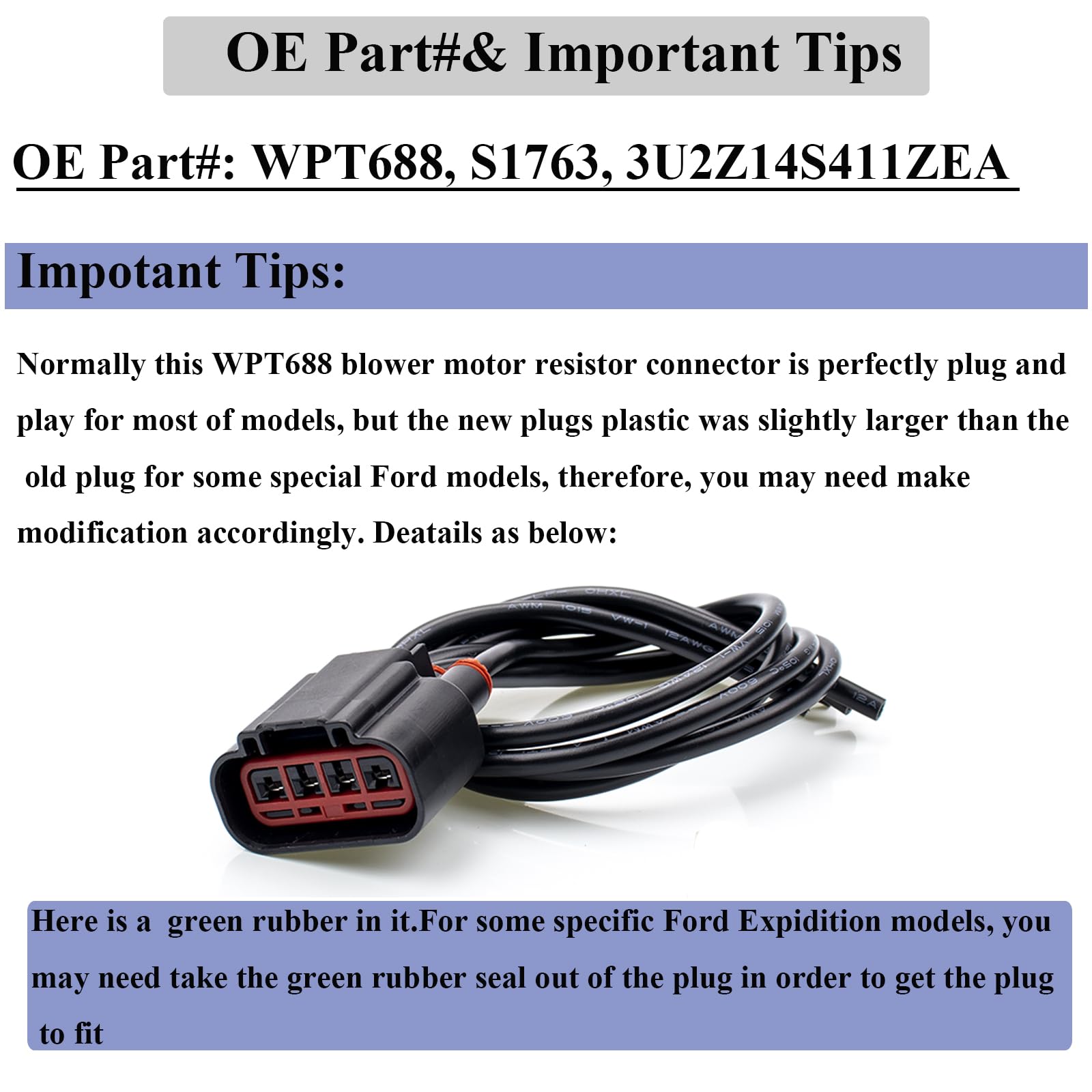 HOPUT WPT688 WPT 688 HVAC Blower Motor Resistor Connector Wire Harness Pigtail Assembly S1763 Compatible with Ford Explorer Escape Expedition Mustang Fiesta Lincoln Mark Lt Navigator, Mercury Mariner