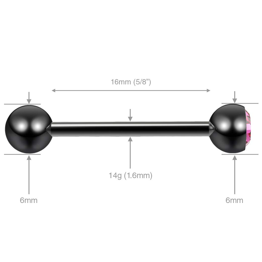 Evonix 14g 16mm Black Rose Gem Tongue Ring Crystal Piercing Jewelry Sparkling Stud Rings For Women 5/8