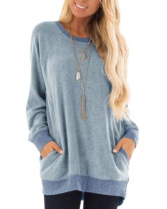 gadewake womens casual color block long sleeve round neck pocket t shirts blouses sweatshirts tops gray blue