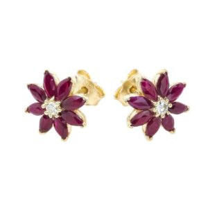 exotic 14k yellow gold daisy diamond and genuine ruby flower stud earrings