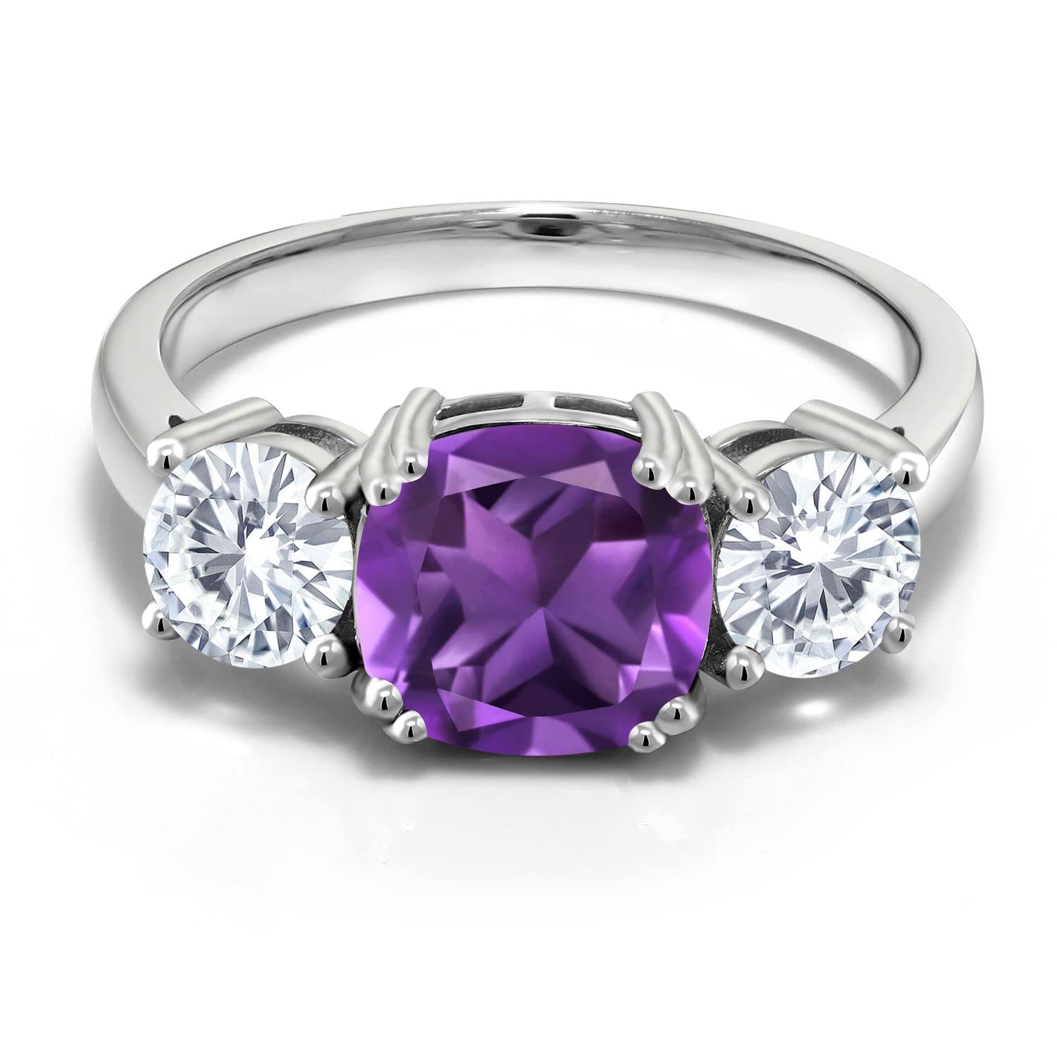 Gem Stone King 925 Sterling Silver Amethyst and Forever Classic Moissanite From Charles & Colvard 3 Stone Engagement Ring For Women | 3.10 Cttw | Gemstone February Birthstone | Cushion 8MM