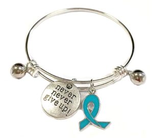 awareness bangles for women - ovarian cancer awareness bracelets charm bangle - teal turquoise ribbon positive inspirational message charm bangle 1 pc