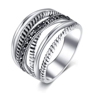 shefashion women's vintage oxidized silver crossover statement rings wide band ring size 9