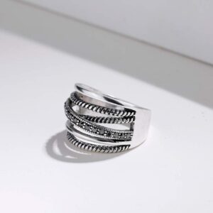 Shefashion Women's Vintage Oxidized Silver Crossover Statement Rings Wide Band Ring Size 9