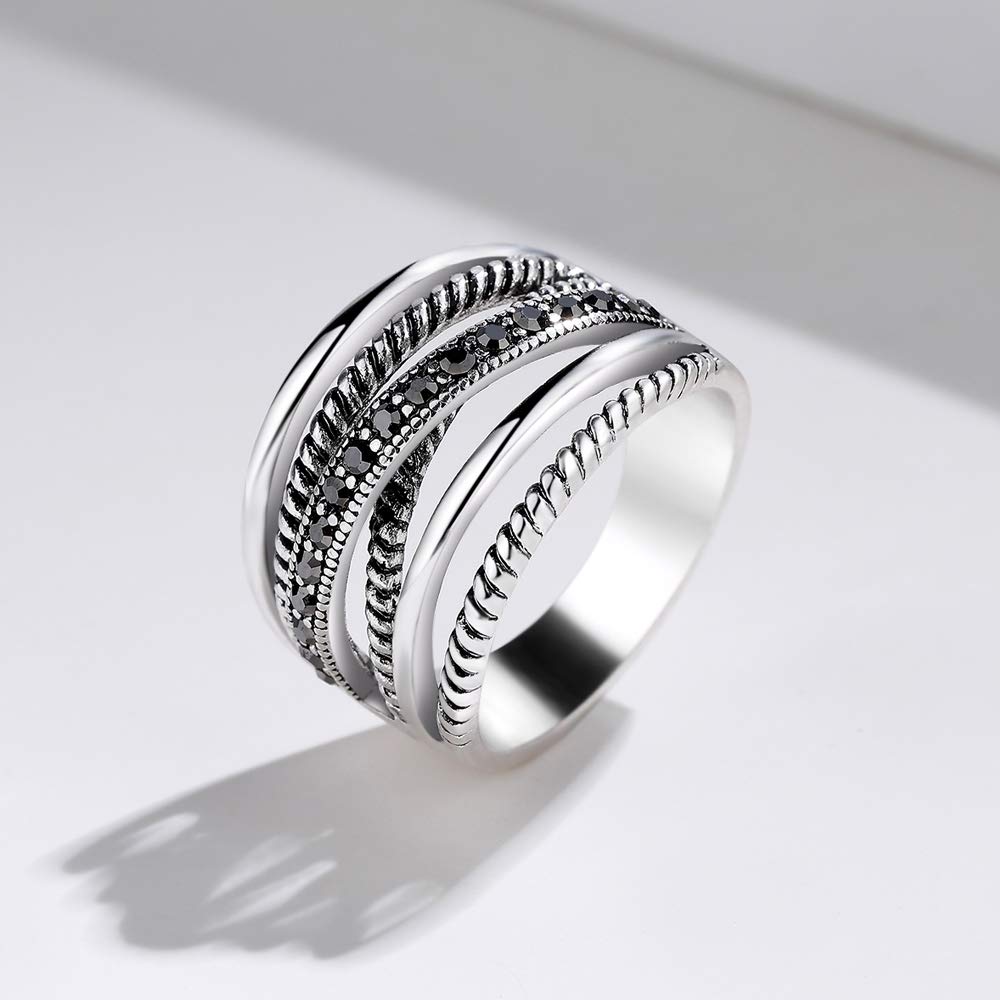 Shefashion Women's Vintage Oxidized Silver Crossover Statement Rings Wide Band Ring Size 9