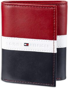 tommy hilfiger big skinny wallet - leather wallets for men slim thin trifold with rfid blocking security and id window, red/white/blue, one size