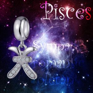 Pisces Zodiac Sign Dangling Charms Fit Pandora Birthday Bracelets - 925 Sterling Silver Constellation/Horoscope Necklace Pendants Beads, Gifts for Boyfriend/Girl/Christmas