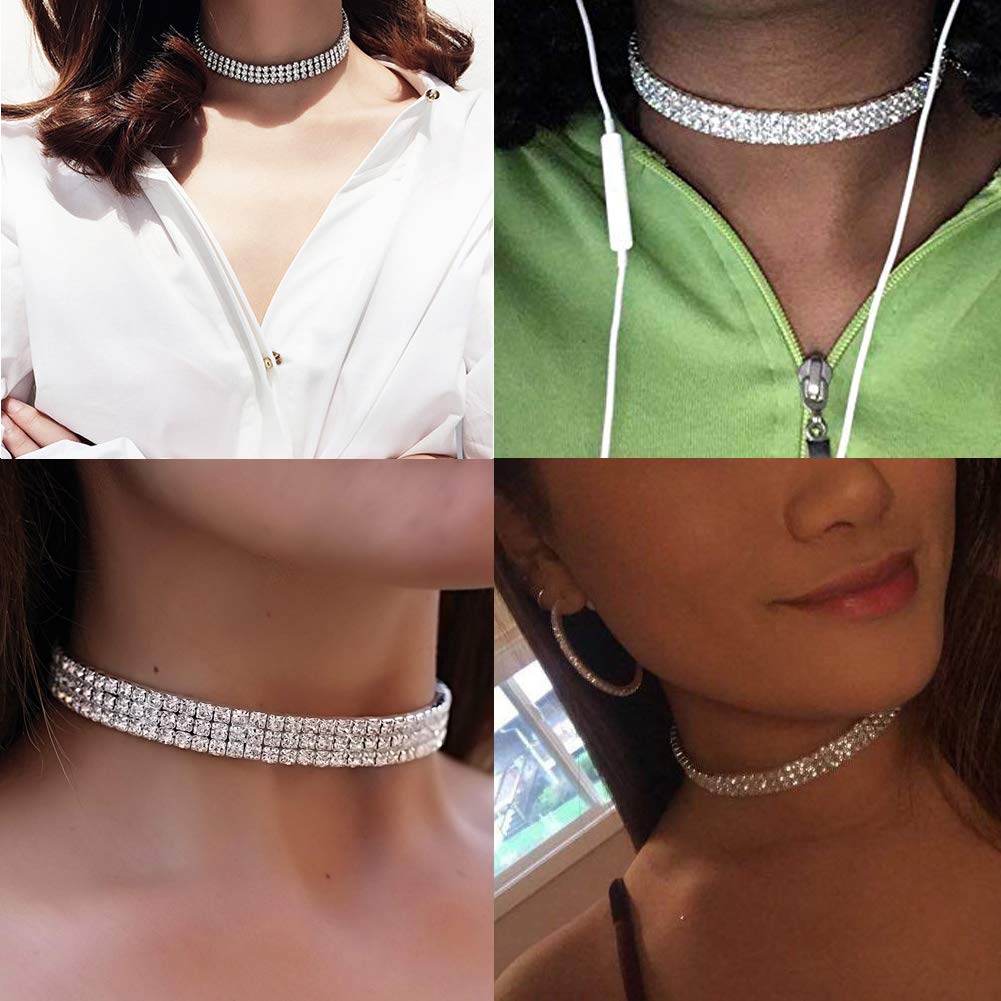 Layered Chain Necklace Shark Tooth Design Tassel White Rhinestone Choker Necklaces for Women (3 Row)