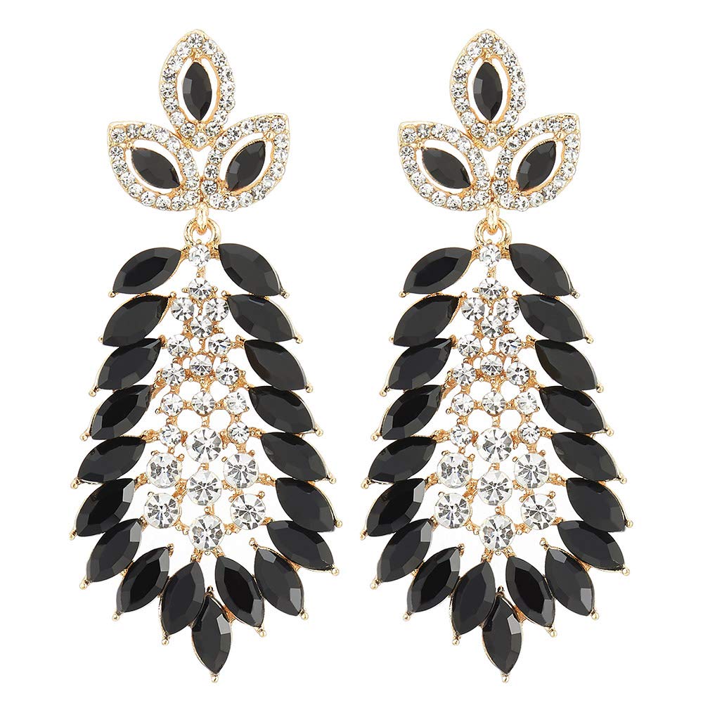 Marquise Black Crystal Rhinestone Cluster Leaf Long Dangle Statement Gold Color Earrings, Party Prom