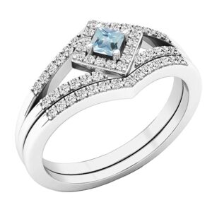 dazzlingrock collection 2.5 mm princess aquamarine & round white diamond ladies split shank engagement ring set, sterling silver, size 4