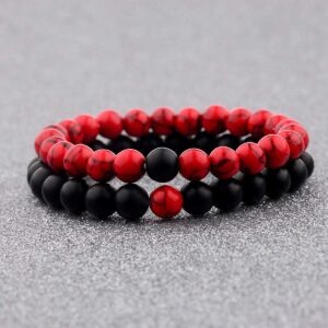 LeZisuIre CNLQ Long Distance Bracelets For Lovers Couples Matching Gift Matte Agate 8mm Bead Stone (Elastic Red) (Elastic Red)