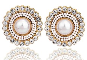 cream dome big pearl stud earrings, crystals rhinestones art vintage earrings with wedding style