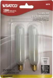 satco s3715 set of 2 blister packs each with two t6 candelabra tubular 15 watt 120v incandescent dimmable frosted bulbs; total of 4 bulbs; c-5a filament; e12 ansi base; 2700k warm white