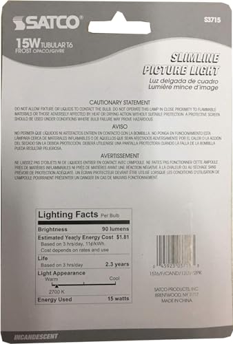 Satco S3715 Set of 2 Blister Packs Each with Two T6 Candelabra Tubular 15 Watt 120V Incandescent Dimmable Frosted Bulbs; Total of 4 Bulbs; C-5A Filament; E12 ANSI Base; 2700K Warm White