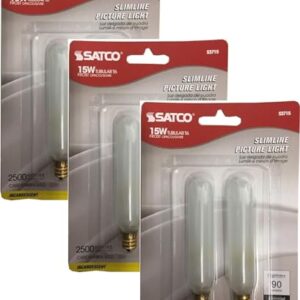 Satco S3715 Set of 2 Blister Packs Each with Two T6 Candelabra Tubular 15 Watt 120V Incandescent Dimmable Frosted Bulbs; Total of 4 Bulbs; C-5A Filament; E12 ANSI Base; 2700K Warm White