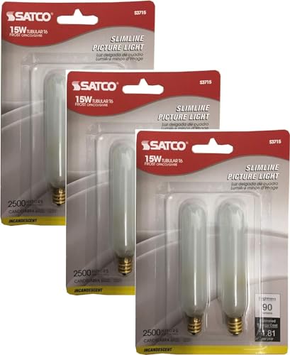 Satco S3715 Set of 2 Blister Packs Each with Two T6 Candelabra Tubular 15 Watt 120V Incandescent Dimmable Frosted Bulbs; Total of 4 Bulbs; C-5A Filament; E12 ANSI Base; 2700K Warm White