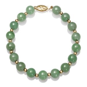 14k gold natural green jade bead bracelet, 7.5"