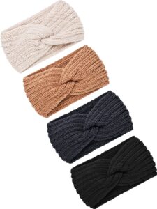 tecunite 4 pieces chunky knit headbands braided winter headbands ear warmers crochet head wraps for women(black, dark grey, camel, beige)