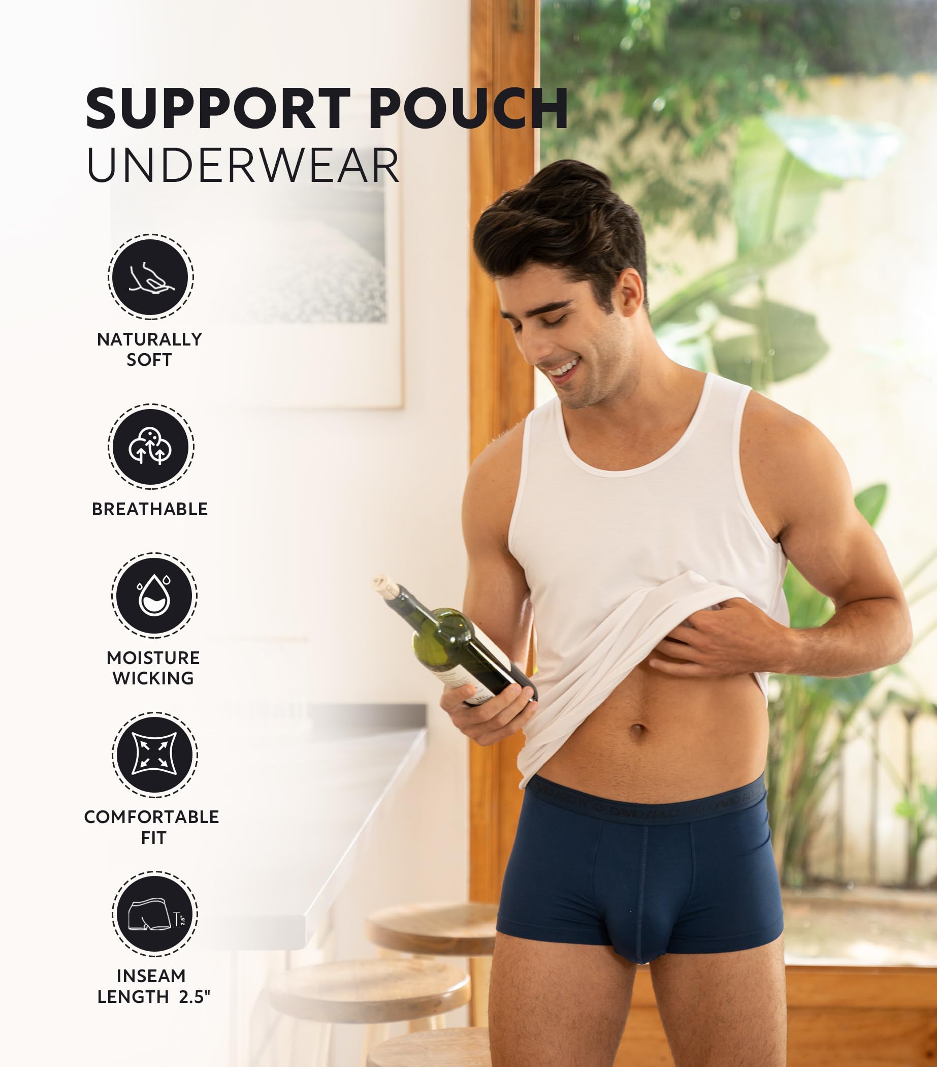 DAVID ARCHY Men's Underwear Micro Modal Dual Pouch Trunks Support Ball Pouch Bulge Enhancing Boxer Briefs for Men 3 or 4 Pack(M,Black/Dark Gray/Navy Blue/Olive Green)